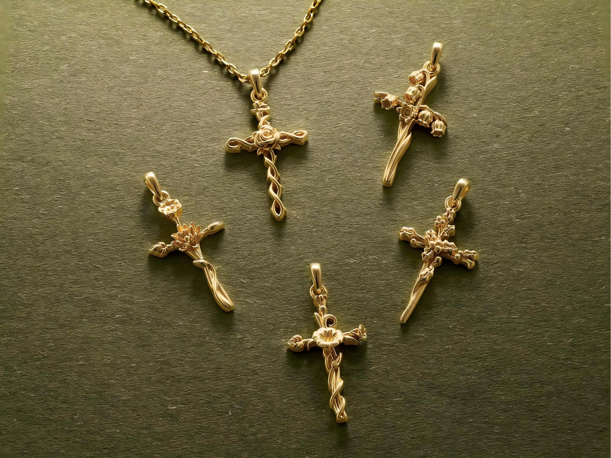 14K Solid Gold Morning Glory Floral Cross Pendant – vanimy